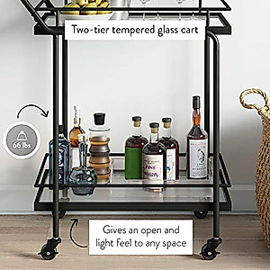 Nathan James Sally Rolling Bar or Cart for Tea or Cocktail, 2-Tiered Glass and Metal, Black