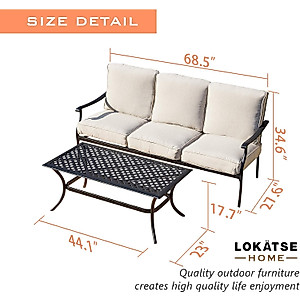 LOKATSE HOME 3 Seat Metal Patio Loveseat Bench Outdoor Furniture Bistro Set with Coffee Table for Lawn Front Porch Garden Yard or Poolside, Beige