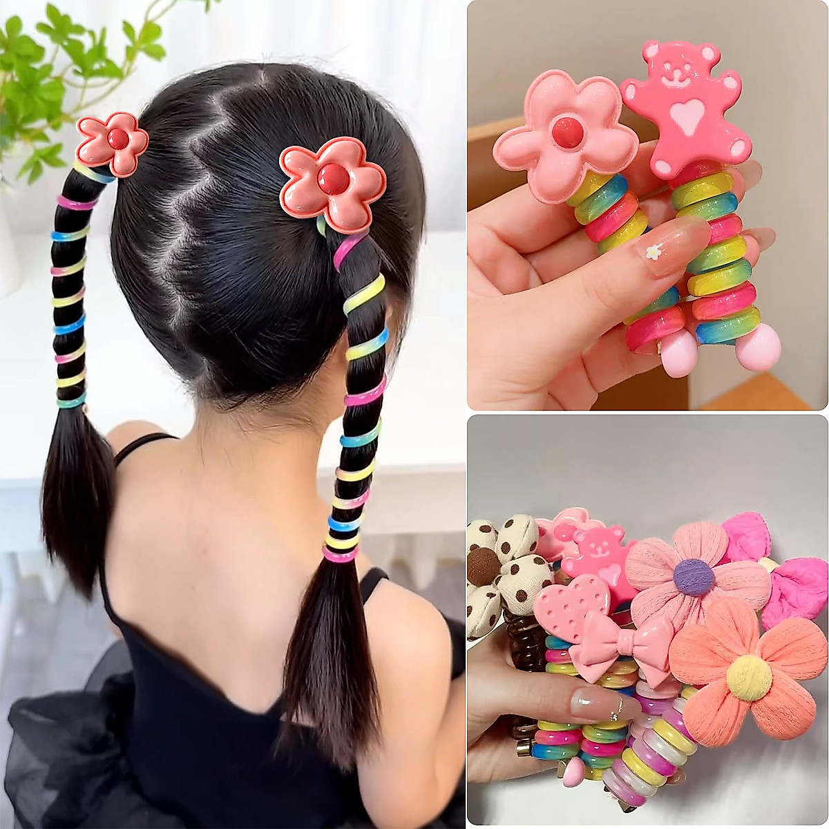 Colorful Telephone Wire Hair Bands Bowknot Braided Flower Telephone Cord Hair Ties Ponytail Holder Phone Cord Spiral Hair Ties for Kids (Colorful)