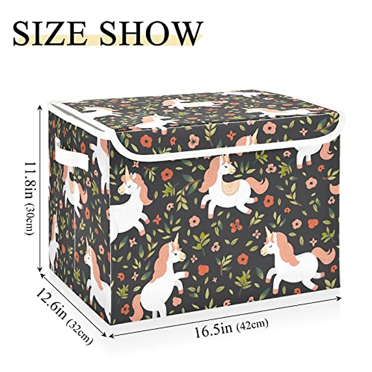 SUABO Cute White Unicorns Flowers Storage Bin with Lid Large Oxford Cloth Storage Boxes Foldable Home Cube Baskets Closet Organizers for Nursery Bedroom Office