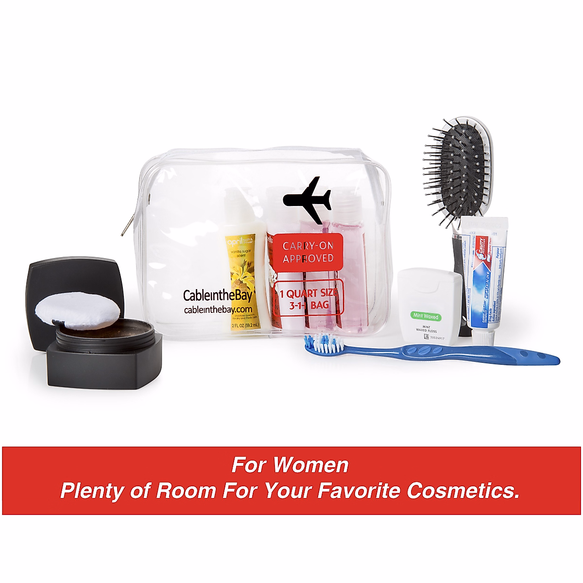 Cableinthebay TSA Approved Clear Travel Toiletry Bag-Quart Sized with Zipper-Airport Airline Compliant Bag/Bottles-Men's/Women's 3-1-1 Kit+Travel (1 PACK)