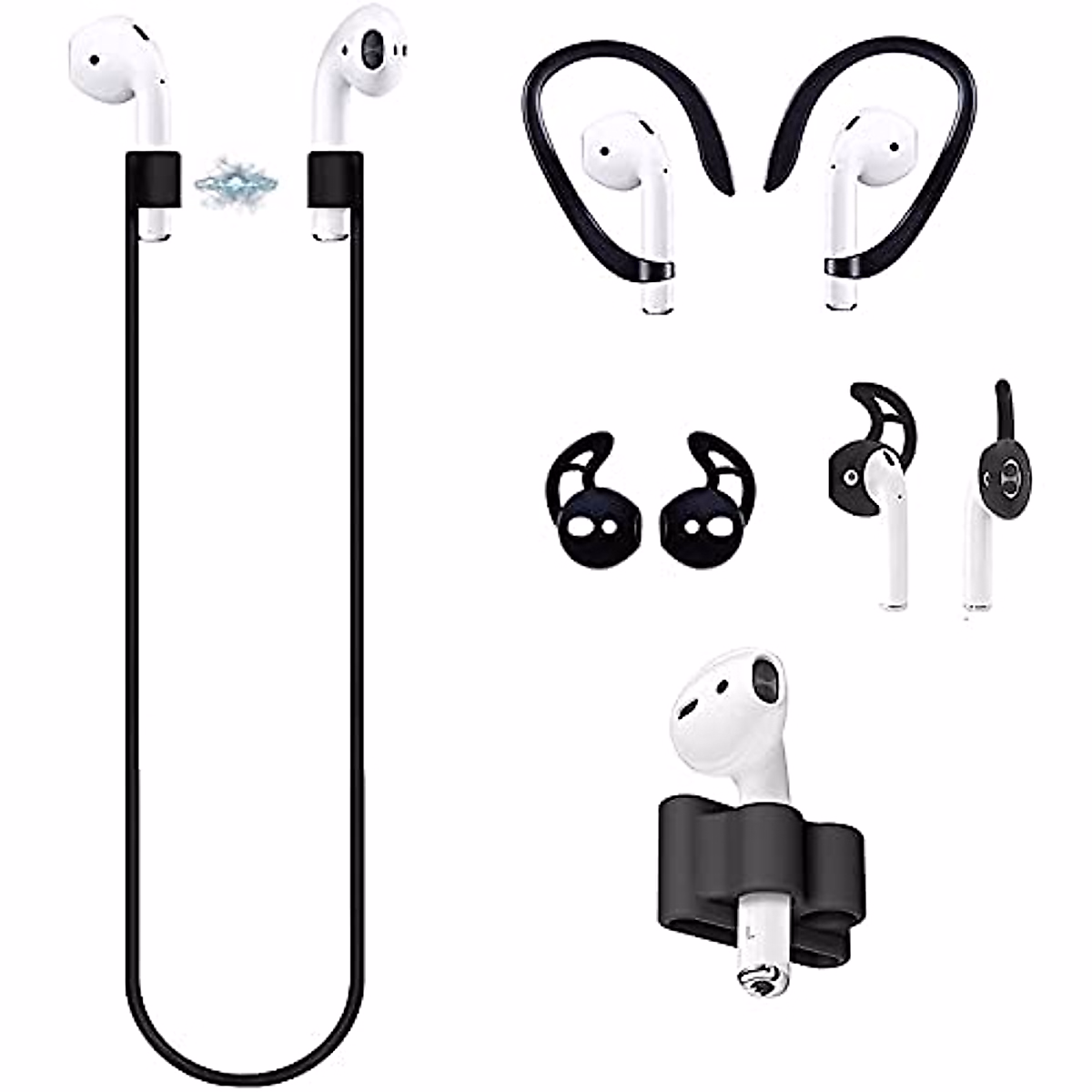 Loirtlluy 4 in 1 Anti-Lost Accessories for Airpods, Airpods Strap Magnetic Cord, Ear Hooks and Covers Compatible with Airpods 1 & 2, Airpods Watch Band Holder, Blac