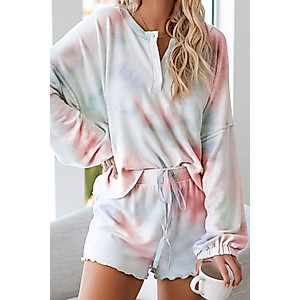 Lopie Womens Lounge Sets 2 Piece Pajamas Set Long Sleeve Tops and Shorts Sleepwear Tie Dye Printed Ruffle Nightwear (Orange, M)