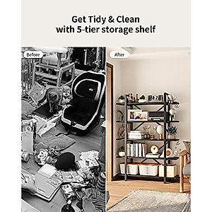 Gizoon 5 Tier Bookshelves for Storage, Industrial Tall Wood Bookshelf with 4 Hooks, Metal Frame Display Shelves for Bedroom, Living Room, Kitchen, Black