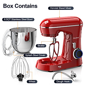Honinst Stand Mixer, 6.5QT 10-Speed Tilt-Head Electric Stand Mixer, 3-In-1 Kitchen Mixer with Bowl, Dough Hook, Whisk and Beater, Food Mixer for Baking, Cake and Most Home Cooks, Red