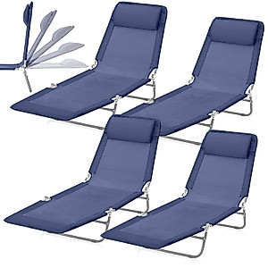 Suzile 4 Pack Folding Chaise Lounge Chair Tanning Chairs with Adjustable 5 Position and Pillow Waterproof Breathable Mesh Steel Frame Pool Sun Tanning Chair for Beach Yard Patio Lawn(Navy Blue)