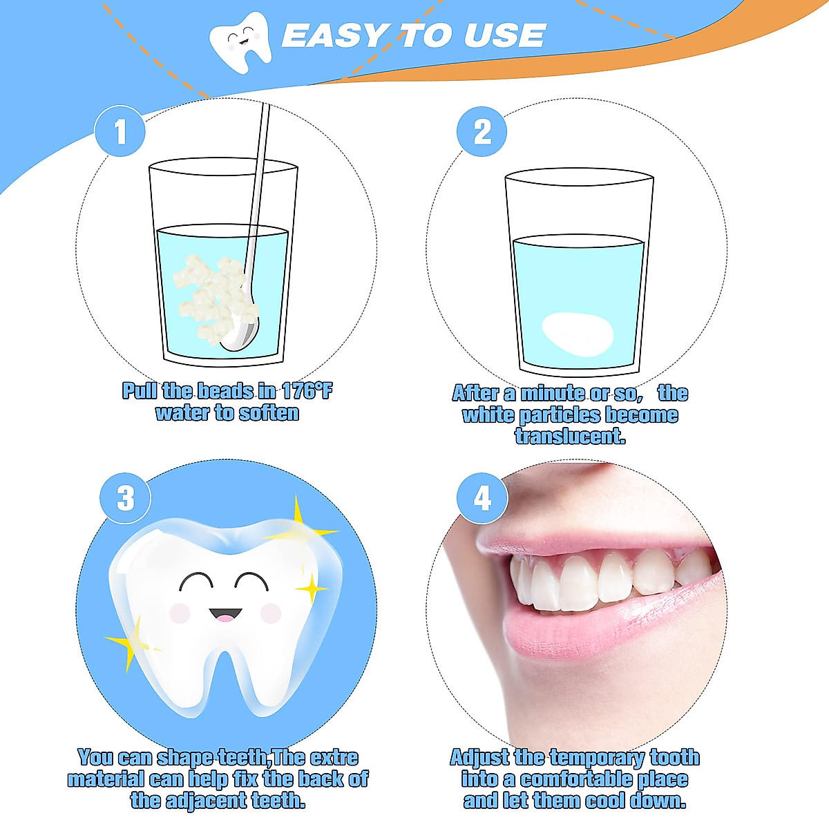 200 Pcs Fake Teeth for Missing Teeth Replacement Repair Kit Tooth Veneer Crown Tooth Replacement it Yourself Front Teeth Dental Veneer with Thermal Beads for Holiday Cosplay