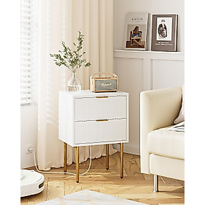 Aienvey Nightstand with Charging Station,Small Side Table with 2 Drawers, Bedside Furniture, White Night Stand, End Table with Gold Frame for Bedroom, Living Room, Stripe