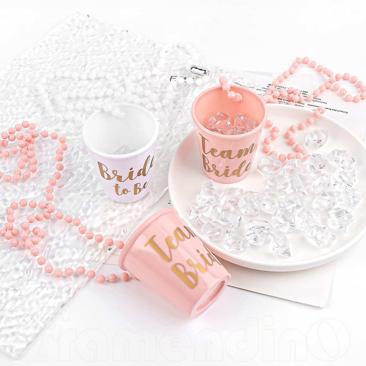 Framendino, 8 Pack Team Bride and Bride to Be Plastic Beaded Shot Glass Necklace Shot Glasses Bridal Necklace with Gold Foil for Bachelorette Party Decorations