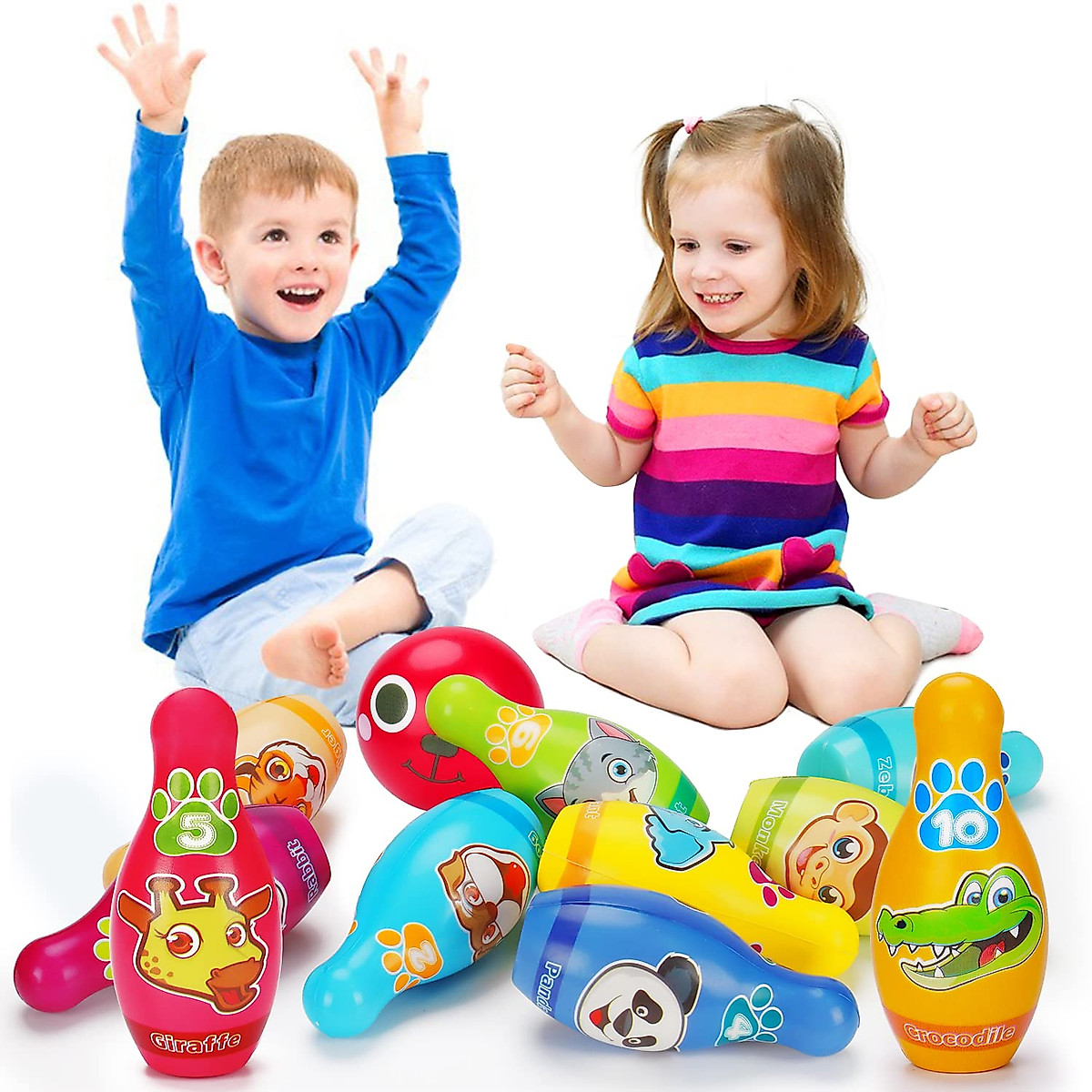 Tsomtto Kids Bowling Set Toddler Toys for 2 3 4 Year Old Boy Girl Birthday Gifts Soft Foam Animal Bowling Pins with Storage Bag Indoor Activities Outdoor Outside Easter Games Age 1-3 2-4 Present