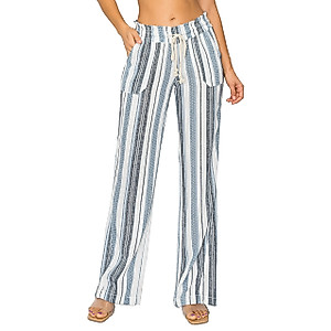 Cali1850 Women's Casual Linen Pants 32" Inseam Oceanside Drawstring Smocked Waist Lounge Beach Pants with Pockets Navy Ivory Large