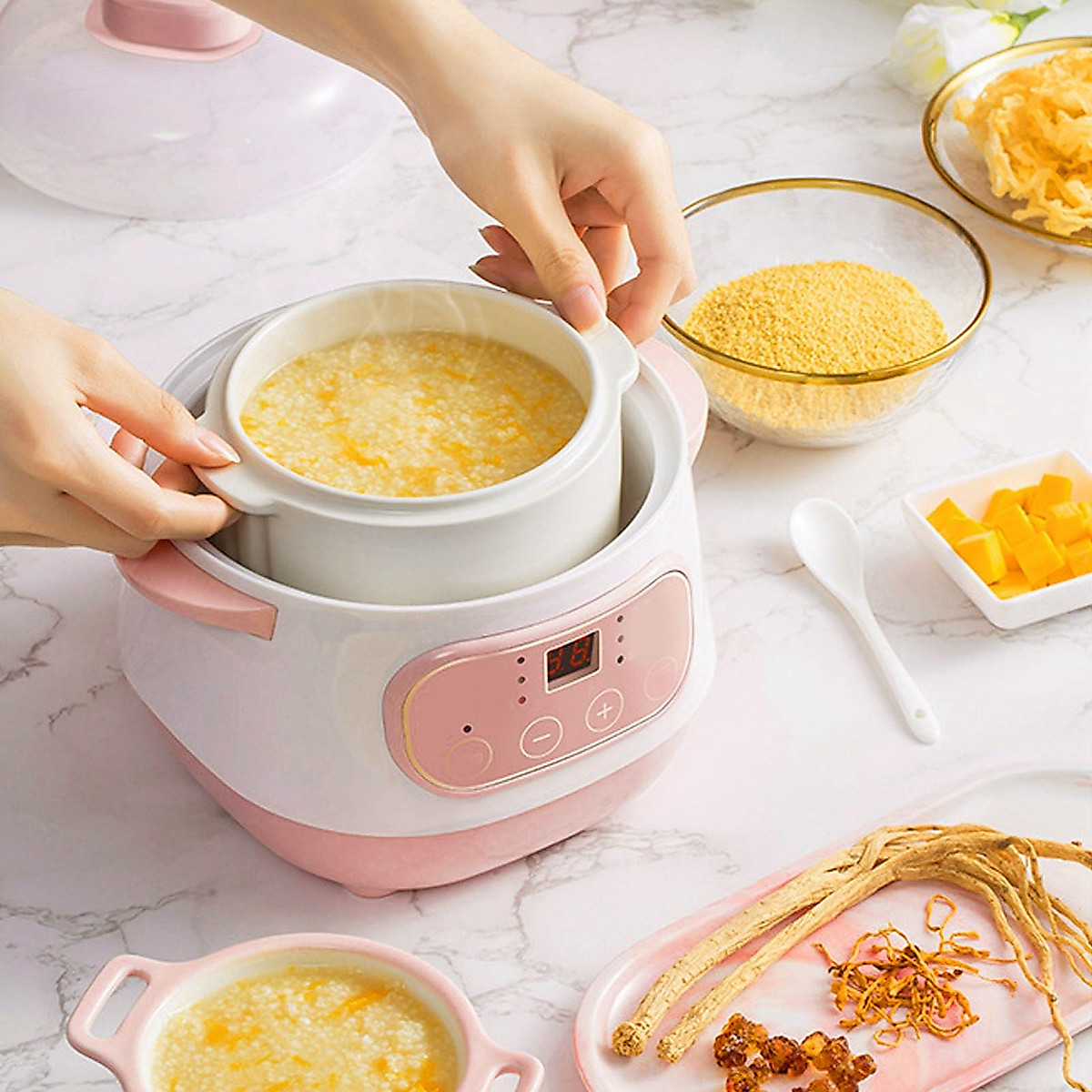 Jiawu Electric Stew Pot, 200W 1 L Digital Electric Rice Cooker with Lid, Small Ceramic Stew Cooker Built in Timer, Makes Soups, Stews, Porridges, Grains and Cereals for Individuals (US