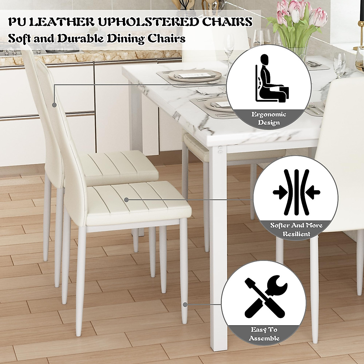 DKLGG Dining Table Set for 4, 5 Piece Kitchen Table Set with PU Leather Chairs Space-Saving Faux Marble Dining Room Table Set for 4 for Small Home Kitchen, Apartment