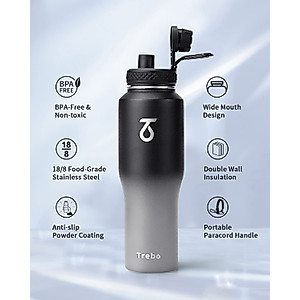 Trebo Water Bottle 32oz&64oz with Paracord Handle, Half Gallon Food-grade Double Wall Vacuum Stainless Steel Insulated Jug with Straw Spout Handle Lids, Leakproof Keep Cold & Hot Ombre: Dark Gray