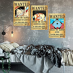 12 Pcs 16.6 In x 12 In Anime OP Wanted Bounty Posters , New Edition, Straw Hat Pirates Crew Zoro, Sanji, Luffy, 1 Pcs OP Flag