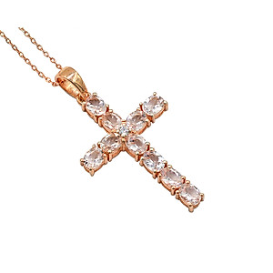 Natural Pink Morganite 5X4 MM Gemstone Holy Cross Pendant Necklace 925 Sterling Silver October Birthstone Morganite Jewelry Proposal Gift For Girlfriend(PD-8323) (16 Inches, Rose Gold Plated Silver)