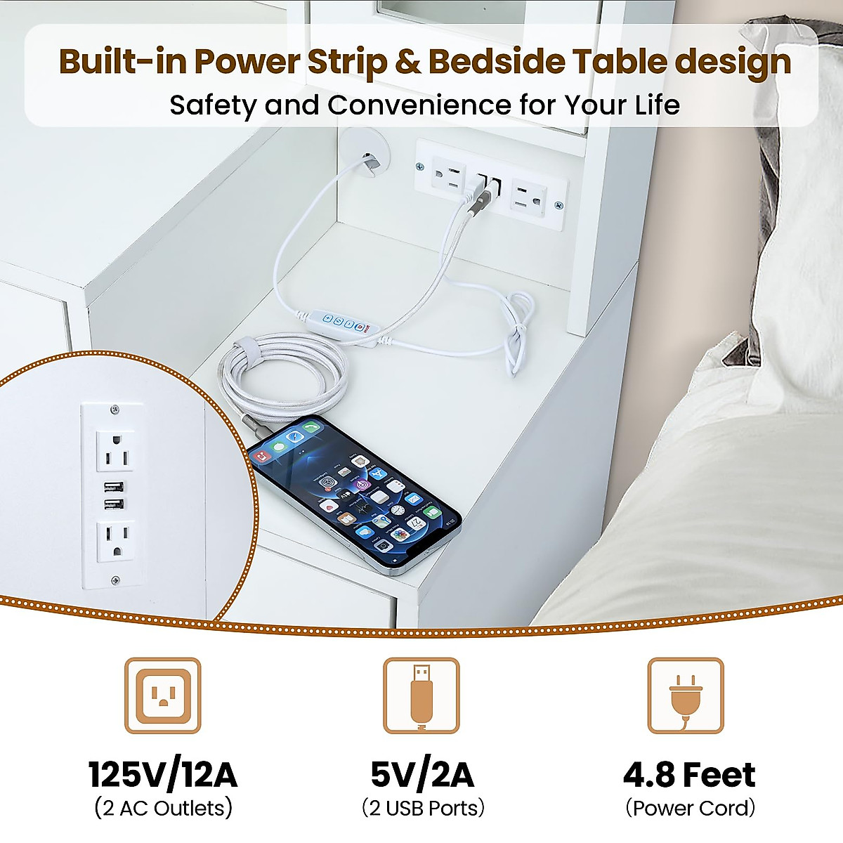 Vanity Desk with Mirror and Lights - White Vanity Table with Power Strip, 4 Drawers and Display Cabinet, 39.5'' Bedroom Makeup Desk with Nightstand and Tabletop Shelf, Brightness Adjustable