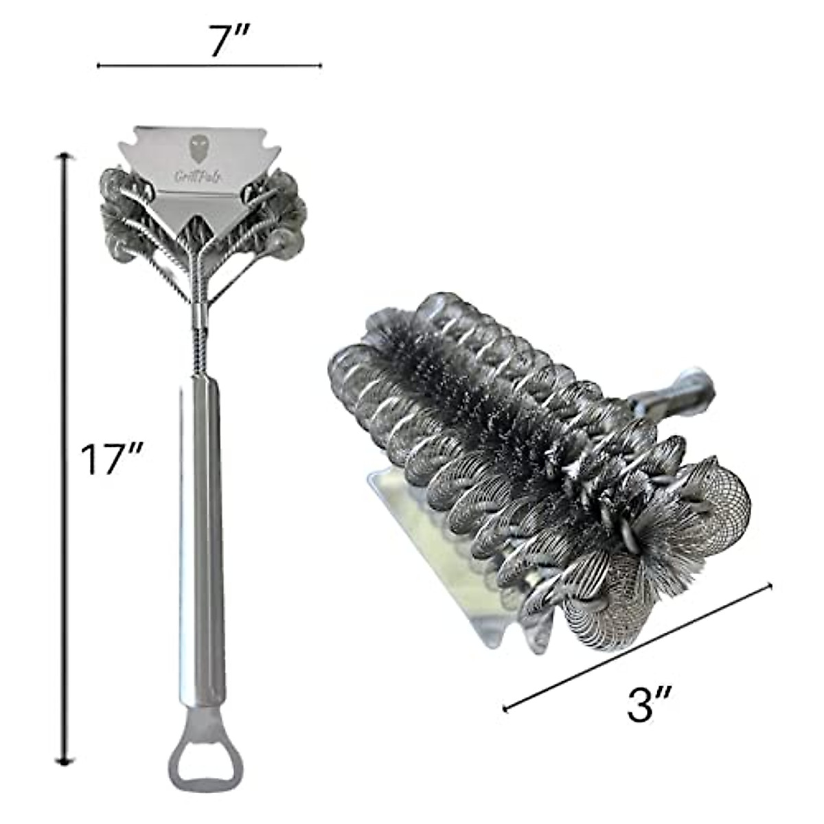 GrillPals Grill Brush & Scraper - Featured On ABC Morning News - BBQ Brush for Grill Cleaning - Stainless Steel Brush and Handle w/ Extra Wide Grill Scraper - Bottle Opener Included