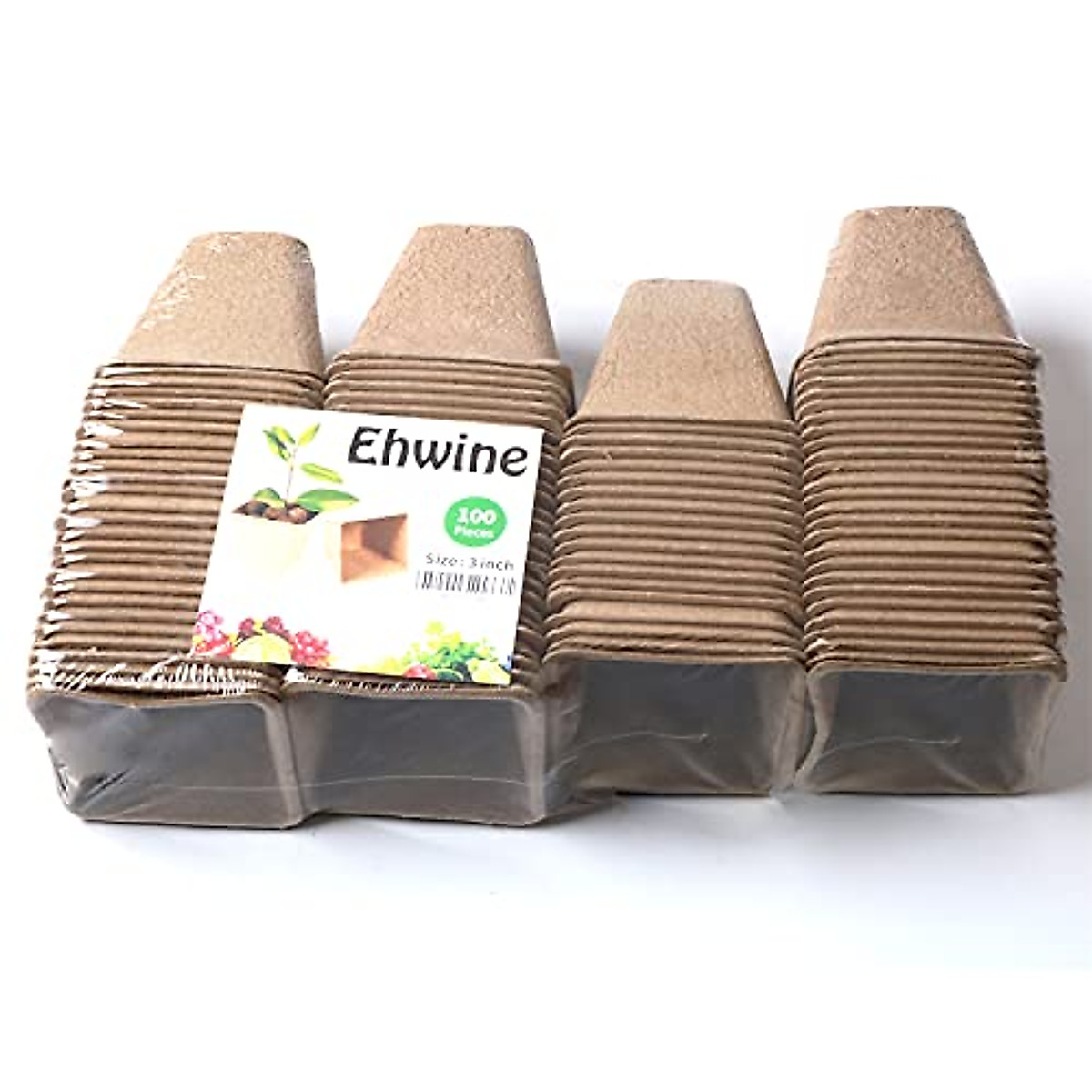 EHWINE Peat Pots, 100 Pack 3.15 Inch Square Seed Starter Tray Seedling Pots Organic Peat Pots for Seedlings Seed Starter Pots Kit Seedling Trays, Bonus 100 Pcs Plant Labels