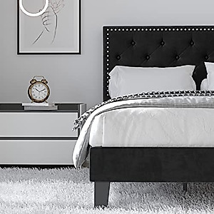 Catrimown Full Size Bed Frame with Adjustable Headboard, Velvet Upholstered Platform Bed Frame, Wooden Slat Support, Mattress Foundation, No Box Spring Needed, Easy Assembly, Black