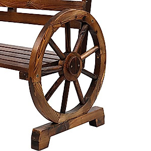 Volowoo Wooden Wagon Wheel Bench,Rustic 2-Person Wooden Seat Wagon Wheel Bench with Slatted Seat and Backrest, Brown