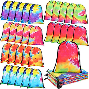Zhengmy Tie Dye Party Birthday Gift Bags 10 x 7 Inch Treat Goodie Drawstring Favor for Kids Supplies Candy Beach Luau (Graffiti Style, 32 Pack)
