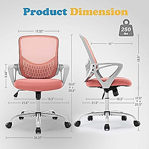 Home Office Chair - Ergonomic Computer Chair with Height Adjustable Swivel Chair Mesh Chair with Fixed Armrests and Soft Lumbar Support, Pink