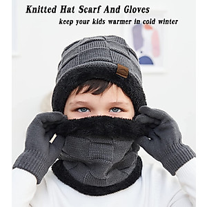 KMOLY Kids Winter Beanie Hat Scarf Touchscreen Gloves Set for Boys Girls 4-15 Years Warm Skull Cap Fleece Lined Knitted Hat (grey)