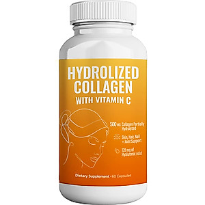 Aura Vitamin Hydrolyzed Collagen with Vitamin C Capsules 500mg Great Energy | Skin, Hair and Nail Support | Hyaluronic Acid Pills - 60ct (1)