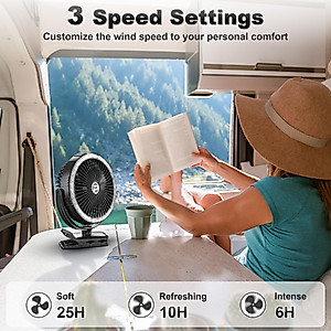 Battery Operated Fan, 10000mAh Camping Fan Battery Powered, 8'' Rechargeable Portable Desk Fan for Bedroom Office, Cordless Clip on Fan with Hook, Light for Golf Cart Outdoor Camping Tent RV Car Bed