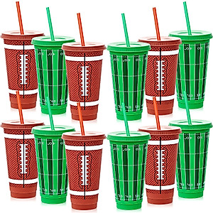 Uiifan 12 Pcs Football Cups with Lid and Straw Football Party Favors Plastic Tumbler Reusable Football Cups for Football Birthday Sport Party Decoration(24oz)