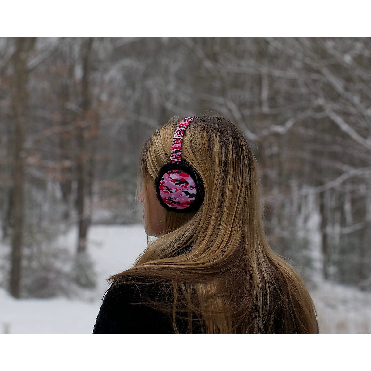 Popfizzy Pink Camo Fluffy Womens Ear Muffs for Winter, Fuzzy Earmuffs for Adults, Adjustable Winter Ear Warmer