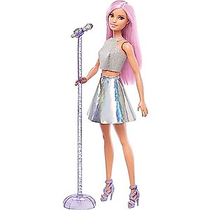 Barbie Pop Star Fashion Doll with Pink Hair & Brown Eyes, Iridescent Skirt & Microphone Accessory