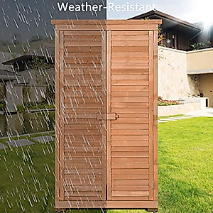Goplus Outdoor Storage Cabinet, Wooden Garden Shed with Latch & Detachable Shelves & Pitch Roof, Vertical Organizer for Outside Yard Patio Deck