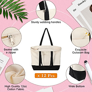 12 Pcs Canvas Tote Bag Bulk with Outer Pocket, 21 in Large Cotton Tote Beach Bags with Zipper Washable Shopping Bags (Black)