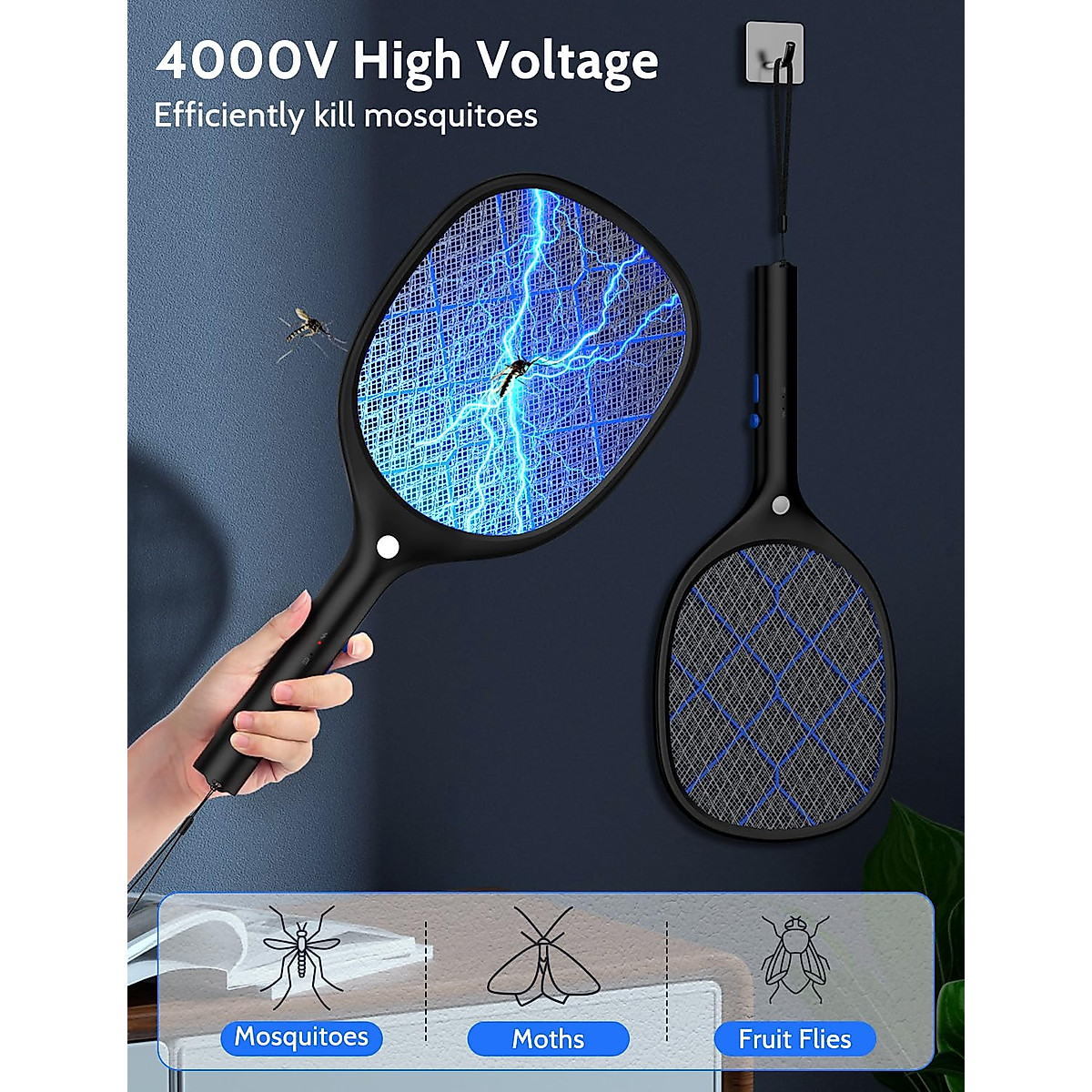YISSVIC Electric Fly Swatter Bug Zapper Racket Rechargeable Mosquito Killer LED Light for Indoor Home Office Backyard Patio Camping