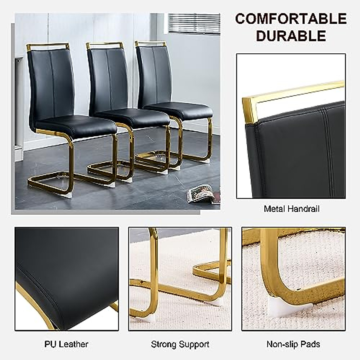 Maotifeys Luxury Black Faux Marble Dining Table Set for 6, Modern Kitchen Table with 6 Black Leather Dining Chairs 7-Piece Dining Table and Chairs for 6 with Polished Gold Metal Legs