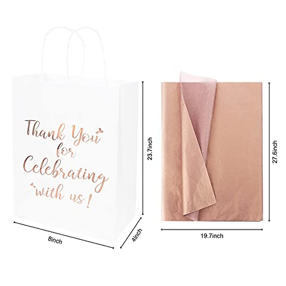 Medium Size Thank You Gift Bags with Tissue Paper - 12 Pack Bulk Kraft Paper Bags with Gold Foil Print and Handle for Birthday Party, Baby Shower, Wedding Celebration, Size 8"L x 4"W x 10"H (White)
