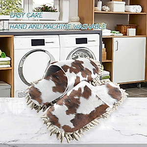 Kigai Microfiber Cleaning Slippers White Brown Print Cow Washable Mop Shoes Slipper for Men/Women House Floor Dust Cleaner, Size M