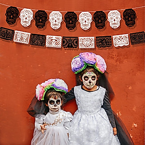 HOWAF 2 Pcs Plastic Papel Picado Day of The Dead Skull Bunting Banner Mexican Fiesta Banners Halloween Dia De Los Muertos Black White Skull Bunting Banner for Cinco De Mayo Decorations