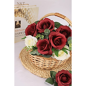 N&T NIETING Artificial Flowers, 20Pcs Silk Rose Fake Flowers with Stems Bridal Wedding Bouquet Baby Shower Home Garden Party Decoration, Dark Red
