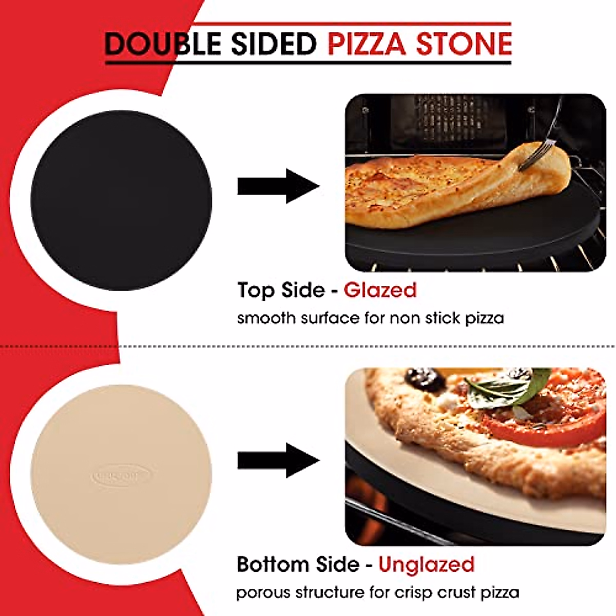 Unicook Non Stick Glazed Pizza Stone 10.25 Inch, Double Sided Pizza Stone for Oven and Grill, Round Baking Stone, Black Ceramic Cooking Stone, Thermal Shock Resistant, Perfect for Pizza, Bread, Cookie