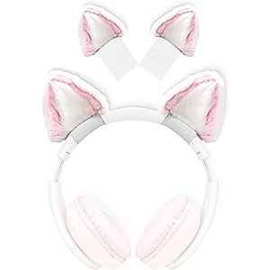 Cute Cat Ears Headphone Attachment,Adjustable Design Fit for Logitech G PRO HypreX Cloud/Cloud Flight Headphones and More,Cosplay Kitten Ears,(Headphones not Included),Pink & White