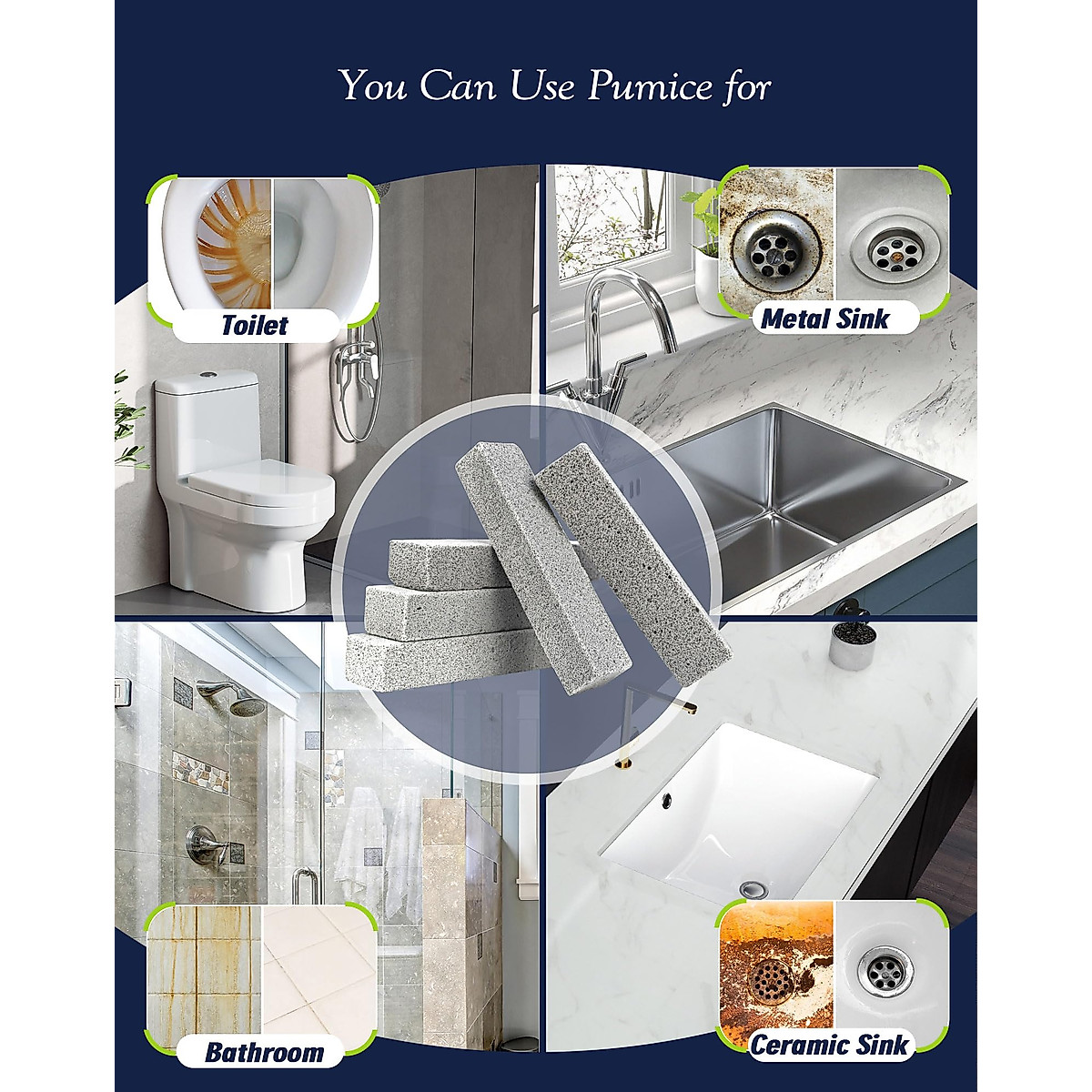 Maryton Pumice Stone for Toilet Bowl Cleaning, Remove Hard Water Rings, Limescale Stains, Calcium Buildup, Iron and Rust, Pumice Stick for Bathtubs, Pool Shower Tiles, Kitchen, Household, 6 Count