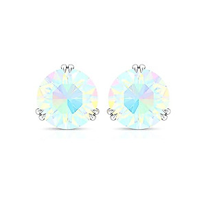 Natural Ethiopian Opal Solitaire Stud Earrings, Certified 8 MM Rainbow Opal, AAA Quality, October Birthstone Earrings, 14K White Gold