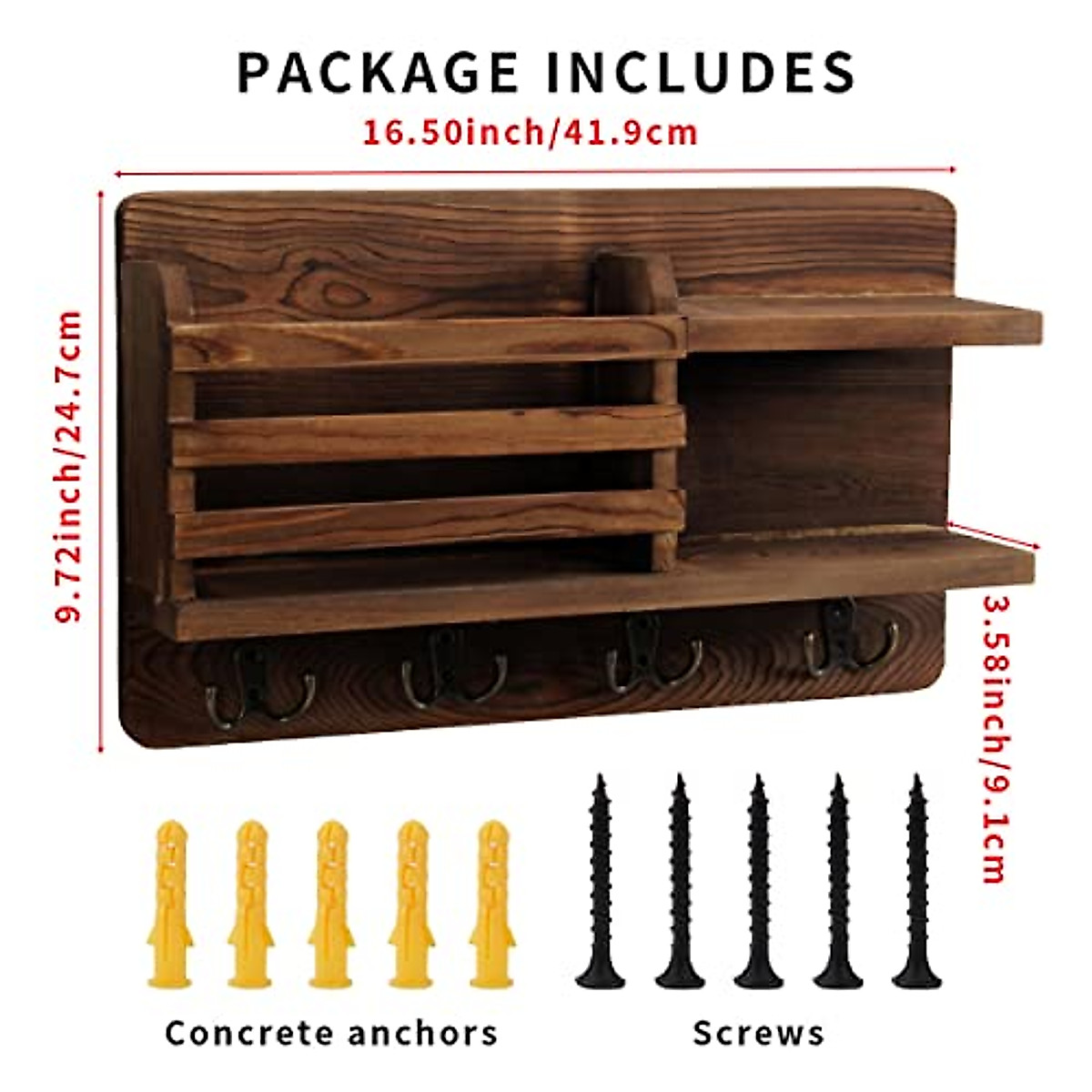 Laerjin Key Holder for Wall Wall-Mounted Key and Mail Holder with 4 Double Key Hooks and A Floating Shelf Rustic Home Decor for Entryway or Mudroom - Burlywood