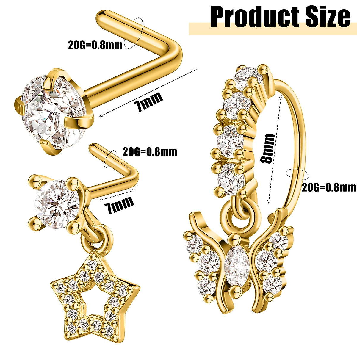 Trnayi 24 Pieces 20g Dangle Nose Rings Dangling Nose Piercings Stud Jewelry for Women Men Indian l Shaped Nose Ring Hoop (Gold)