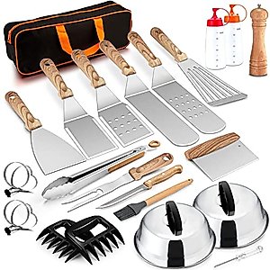 24Pcs Griddle Accessories Kit, Joyfair Stainless Steel BBQ Spatulas Set with Melting Dome, Professional Grill Accessory in Storage Bag, Great for Outdoor Camping Flat Top Teppanyaki Grilling Cooking