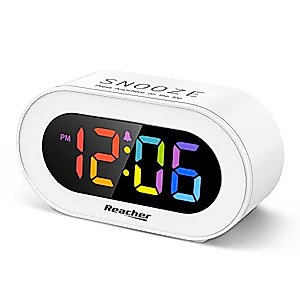 REACHER Small Colorful LED Digital Alarm Clock with Snooze, Simple to Operate, Full Range Brightness Dimmer, Adjustable Alarm Volume, Outlet Powered Compact Clock for Bedrooms, Bedside, Desk, Shelf