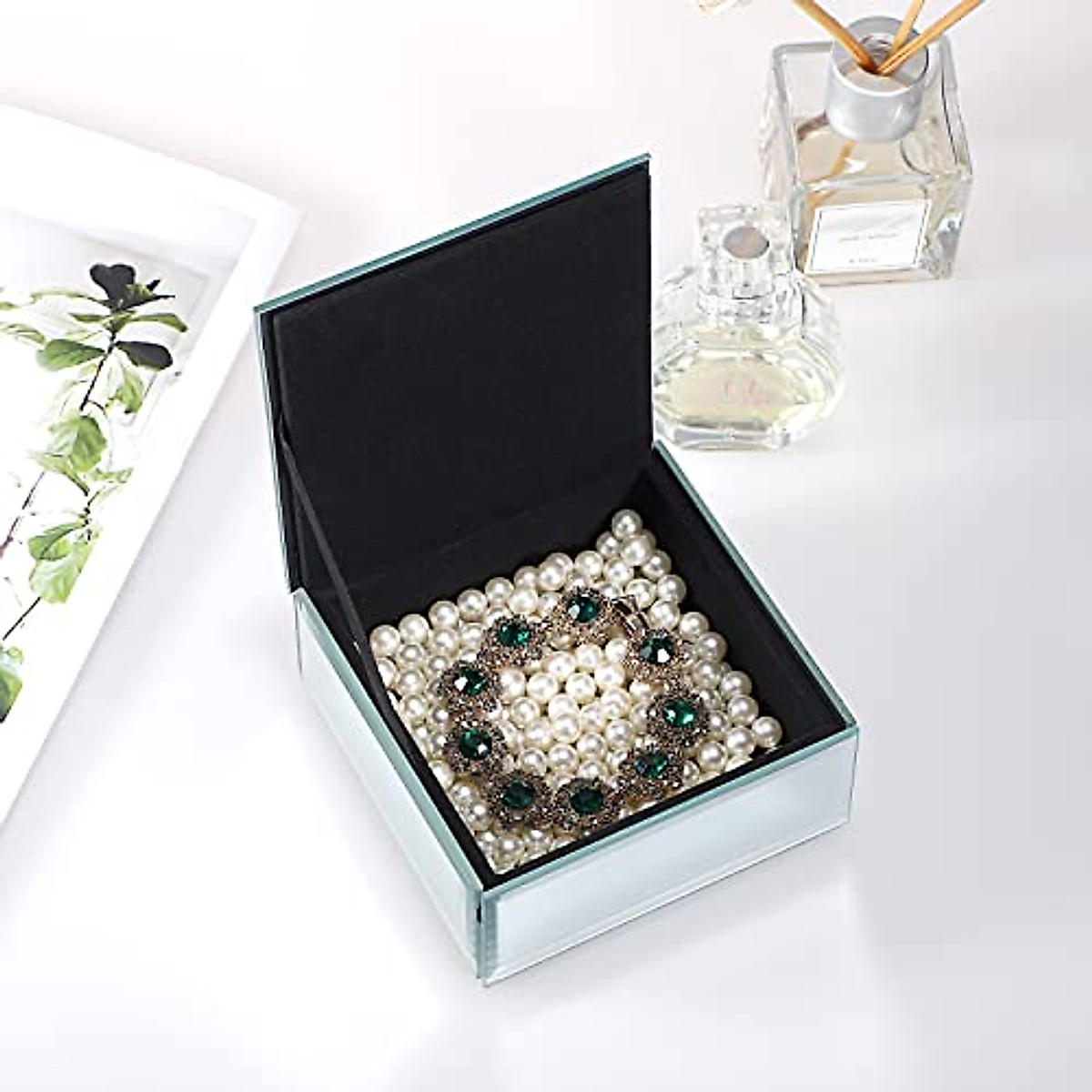 Hipiwe Silver Glass Mirrored Jewelry Box with Crystal Handle Square Trinket Organizer Treasure Chest Case Classic Keepsake Box for Storage Rings Earrings Necklace Bracele (Small, Silver)